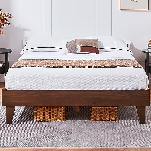 Yaheetech Queen Bed Frame Deluxe Natural Solid Pine Wood Platform Bed, Reserved Holes for DIY Headboard/Wooden Slats Support/7.5″ Clearance Space/No Noise/Easy Assembly, Smoked Walnut Queen Bed