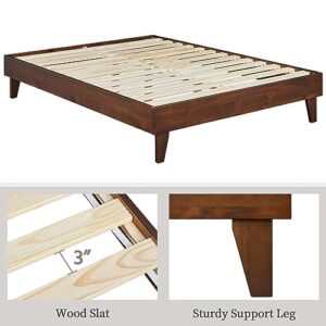 Yaheetech Queen Bed Frame Deluxe Natural Solid Pine Wood Platform Bed, Reserved Holes for DIY Headboard/Wooden Slats Support/7.5″ Clearance Space/No Noise/Easy Assembly, Smoked Walnut Queen Bed