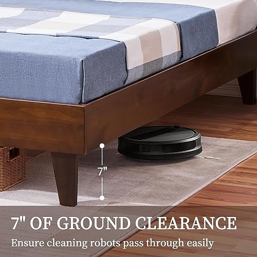 Yaheetech Queen Bed Frame Deluxe Natural Solid Pine Wood Platform Bed, Reserved Holes for DIY Headboard/Wooden Slats Support/7.5″ Clearance Space/No Noise/Easy Assembly, Smoked Walnut Queen Bed