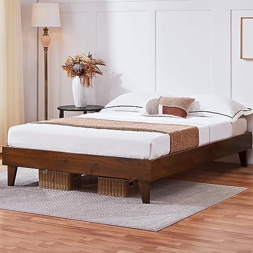 Yaheetech Queen Bed Frame Deluxe Natural Solid Pine Wood Platform Bed, Reserved Holes for DIY Headboard/Wooden Slats Support/7.5″ Clearance Space/No Noise/Easy Assembly, Smoked Walnut Queen Bed