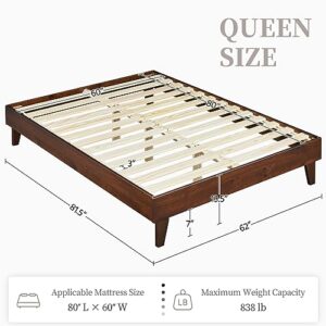 Yaheetech Queen Bed Frame Deluxe Natural Solid Pine Wood Platform Bed, Reserved Holes for DIY Headboard/Wooden Slats Support/7.5″ Clearance Space/No Noise/Easy Assembly, Smoked Walnut Queen Bed