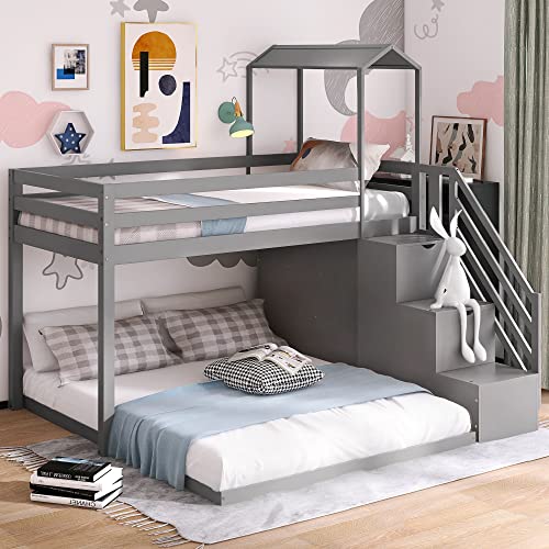 DEYOBED Twin Over Full House Shaped Wooden Bunk Bed Detachable Loft Bed with Trundle, Storage Staircase, and Shelves - Versatile Solution for Kids, Teens, and Adults