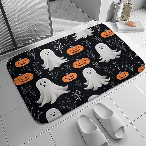 Bath Mat Pumpkins with Ghosts and Webs Design Bath Mats Halloween Holiday Foam Door Mats Bathroom Decorations Carpets Non-Slip Flannel Bath Rug Shower Floor Carpet 16x24 Inch