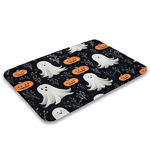 Bath Mat Pumpkins with Ghosts and Webs Design Bath Mats Halloween Holiday Foam Door Mats Bathroom Decorations Carpets Non-Slip Flannel Bath Rug Shower Floor Carpet 16x24 Inch