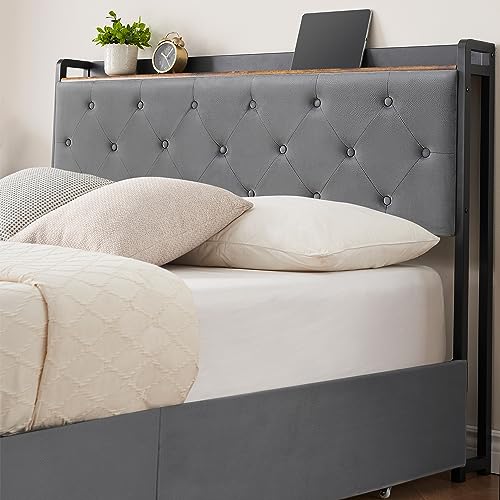 IDEALHOUSE Queen Size Bed Frame with 4 Storage Drawers and Charging Station, Grey Velvet Upholstered Platform Bed Frame with Storage Headboard and Wooden Slats Support, No Box Spring Needed