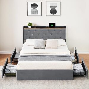 IDEALHOUSE Queen Size Bed Frame with 4 Storage Drawers and Charging Station, Grey Velvet Upholstered Platform Bed Frame with Storage Headboard and Wooden Slats Support, No Box Spring Needed