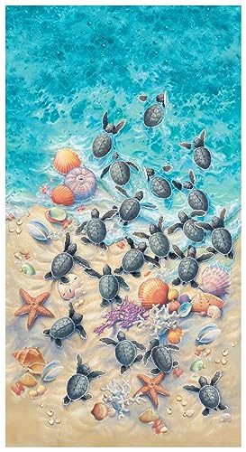 Turtle Race to Safety to The Ocean On The Sea Shore Cotton Fabric Panel 1608 Multi