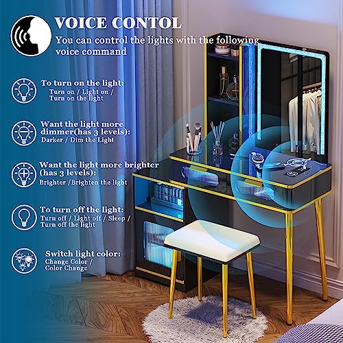 WOOVIVS Makeup Vanity with LED Lights, Vanity Desk with USB+Type-C+Wireless Charging Station, Small Vanity Set has Voice Control/2 Drawer/Stool, Vanity Mirror with Lights for Makeup Desk, Black Vanity