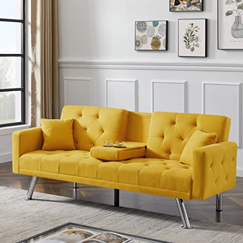 Eafurn 2 in 1 Button Tufted Futon Sofa Bed, Modern Convertible Loveseat Couch, Comfy Upholstered Folding Sofa & Couches with Armrest for Apartment Sofabed, Yellow Linen 75.59“ w/ 2 Cupholders