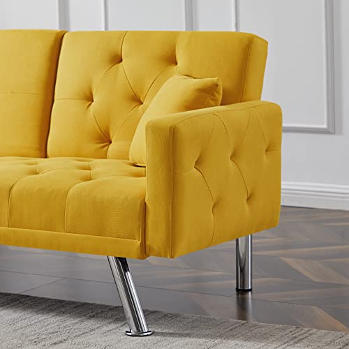 Eafurn 2 in 1 Button Tufted Futon Sofa Bed, Modern Convertible Loveseat Couch, Comfy Upholstered Folding Sofa & Couches with Armrest for Apartment Sofabed, Yellow Linen 75.59“ w/ 2 Cupholders