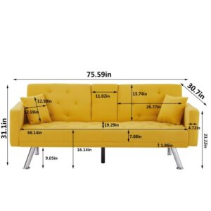 Eafurn 2 in 1 Button Tufted Futon Sofa Bed, Modern Convertible Loveseat Couch, Comfy Upholstered Folding Sofa & Couches with Armrest for Apartment Sofabed, Yellow Linen 75.59“ w/ 2 Cupholders