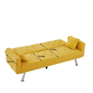 Eafurn 2 in 1 Button Tufted Futon Sofa Bed, Modern Convertible Loveseat Couch, Comfy Upholstered Folding Sofa & Couches with Armrest for Apartment Sofabed, Yellow Linen 75.59“ w/ 2 Cupholders