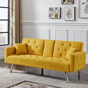 Eafurn 2 in 1 Button Tufted Futon Sofa Bed, Modern Convertible Loveseat Couch, Comfy Upholstered Folding Sofa & Couches with Armrest for Apartment Sofabed, Yellow Linen 75.59“ w/ 2 Cupholders