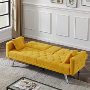 Eafurn 2 in 1 Button Tufted Futon Sofa Bed, Modern Convertible Loveseat Couch, Comfy Upholstered Folding Sofa & Couches with Armrest for Apartment Sofabed, Yellow Linen 75.59“ w/ 2 Cupholders