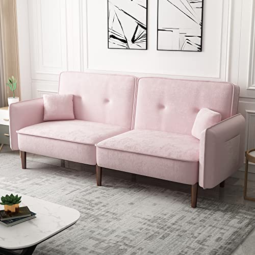 Eafurn Button Tufted Futon Bed, Modern Convertible Loveseat, Comfy Upholstered Folding Sofa & Couches with Armrest for Apartment, Compact Sofabed, Pink Cotton 75" w/Wooden Legs