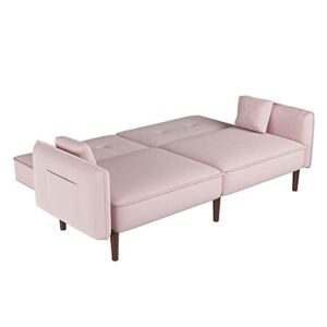 Eafurn Button Tufted Futon Bed, Modern Convertible Loveseat, Comfy Upholstered Folding Sofa & Couches with Armrest for Apartment, Compact Sofabed, Pink Cotton 75" w/Wooden Legs