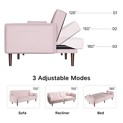 Eafurn Button Tufted Futon Bed, Modern Convertible Loveseat, Comfy Upholstered Folding Sofa & Couches with Armrest for Apartment, Compact Sofabed, Pink Cotton 75" w/Wooden Legs