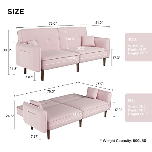 Eafurn Button Tufted Futon Bed, Modern Convertible Loveseat, Comfy Upholstered Folding Sofa & Couches with Armrest for Apartment, Compact Sofabed, Pink Cotton 75" w/Wooden Legs