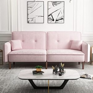 Eafurn Button Tufted Futon Bed, Modern Convertible Loveseat, Comfy Upholstered Folding Sofa & Couches with Armrest for Apartment, Compact Sofabed, Pink Cotton 75" w/Wooden Legs