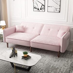 Eafurn Button Tufted Futon Bed, Modern Convertible Loveseat, Comfy Upholstered Folding Sofa & Couches with Armrest for Apartment, Compact Sofabed, Pink Cotton 75" w/Wooden Legs