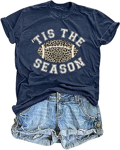 Football Shirts for Women Tis The Season Football Shirt Game Day T Shirt Causal Football Graphic Tee Tops (Blue, Large)