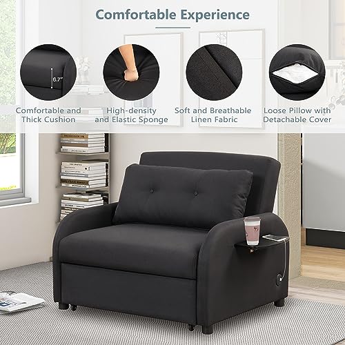 3-in-1 Pull Out Sleeper Couch Bed Adjustable Backrest Single Recliner for Lounge, and USB Charge for nap line Fabric for Lounge, Reading, Sleeping, Black