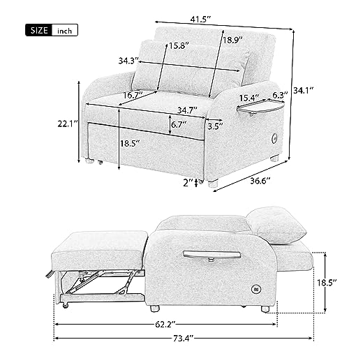 3-in-1 Pull Out Sleeper Couch Bed Adjustable Backrest Single Recliner for Lounge, and USB Charge for nap line Fabric for Lounge, Reading, Sleeping, Black