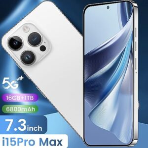 RAYPUR i15 Pro Max, Global Version HD Smartphone, 7.3Inch Original Full Screen Phone, 7800mAh Mobile Phones, 16GB 1TB, 4G/5G,White-1TB