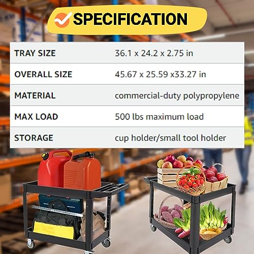 KIMORE Service Utility Cart 2-Shelf Utility/Service Cart, 500-Pound Capacity, Storage Handle, for Warehouse/Garage/Cleaning/Manufacturing，45"X25"