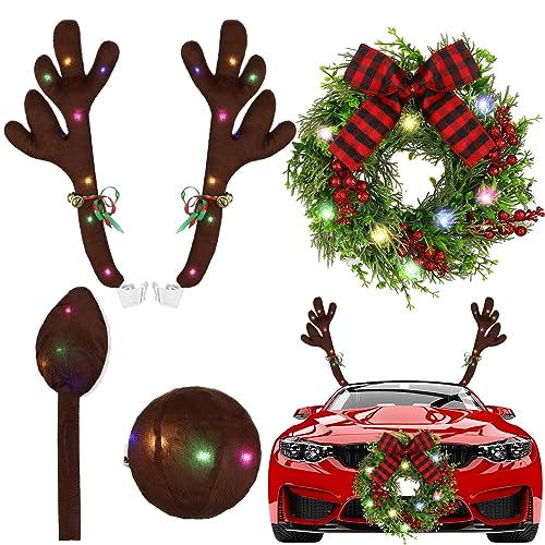 Yunlly 13 Inch Christmas Car Wreath Reindeer Antlers Car Kit with LED Lights, Glowing Led Car Reindeer Antlers with Bells Reindeer and Nose Kit Christmas Wreath Bow Decorations Car Exterior Car SUV