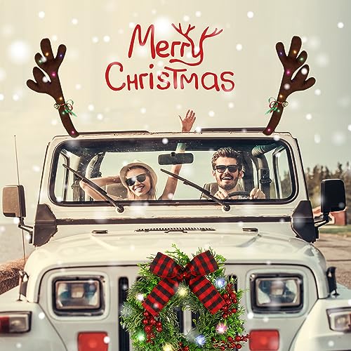 Yunlly 13 Inch Christmas Car Wreath Reindeer Antlers Car Kit with LED Lights, Glowing Led Car Reindeer Antlers with Bells Reindeer and Nose Kit Christmas Wreath Bow Decorations Car Exterior Car SUV