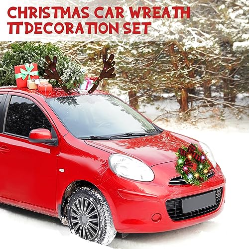 Yunlly 13 Inch Christmas Car Wreath Reindeer Antlers Car Kit with LED Lights, Glowing Led Car Reindeer Antlers with Bells Reindeer and Nose Kit Christmas Wreath Bow Decorations Car Exterior Car SUV