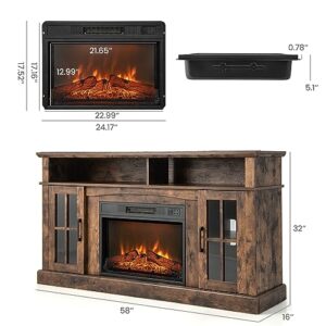 Tangkula Fireplace TV Stand for TVs Up to 65 Inch, Electric Fireplace TV Console w/Remote Control, Overheat Protection, 3-Level Adjustable Brightness, TV Entertainment Center w/23” Fireplace Insert