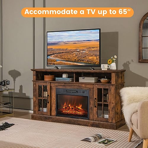 Tangkula Fireplace TV Stand for TVs Up to 65 Inch, Electric Fireplace TV Console w/Remote Control, Overheat Protection, 3-Level Adjustable Brightness, TV Entertainment Center w/23” Fireplace Insert