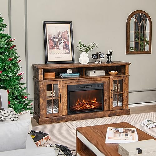 Tangkula Fireplace TV Stand for TVs Up to 65 Inch, Electric Fireplace TV Console w/Remote Control, Overheat Protection, 3-Level Adjustable Brightness, TV Entertainment Center w/23” Fireplace Insert