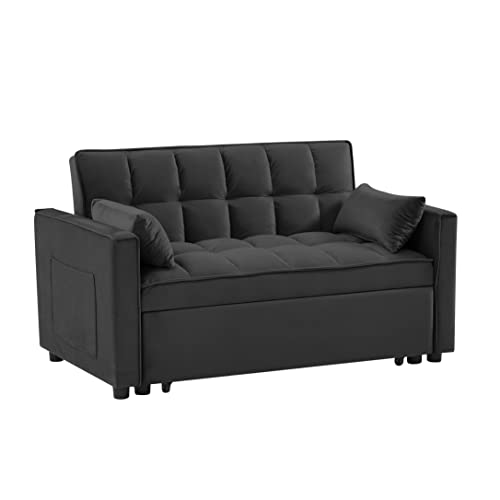 Eafurn Futon Loveseat Couch with Pull Out Bed,3-in-1 Upholstery Convertible Sleeper Sofa Reclining Chaise Lounge with Adjustable Backrest, Sofacama Sofabed, Black 55.2" Velvet w/ 2 Toss Pillows