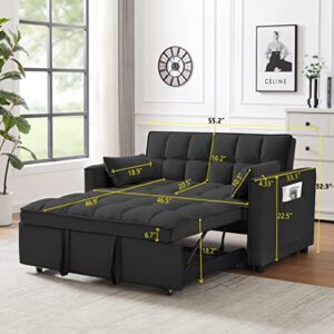 Eafurn Futon Loveseat Couch with Pull Out Bed,3-in-1 Upholstery Convertible Sleeper Sofa Reclining Chaise Lounge with Adjustable Backrest, Sofacama Sofabed, Black 55.2" Velvet w/ 2 Toss Pillows