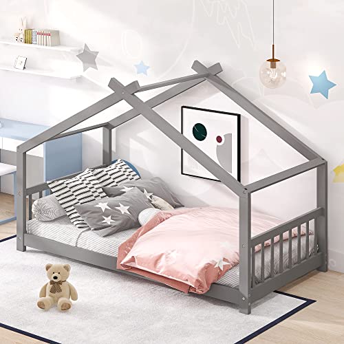 Merax Twin Wood House Bed Frame with Headboard Cute Montessori Platform Bed for Boys Girls,No Box Spring Needed (Twin,Grey)