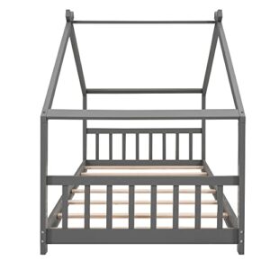 Merax Twin Wood House Bed Frame with Headboard Cute Montessori Platform Bed for Boys Girls,No Box Spring Needed (Twin,Grey)