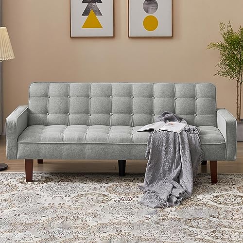 BIVVI Futon Sofa Bed Couch Linen Convertible Sleeper Sofa 73.62 Inch Long Folding Loveseat Couch w/Arms,Upholstered Lounge Sofá Daybed for Small Spaces Living Room, Apartment Office Dorm,Gray