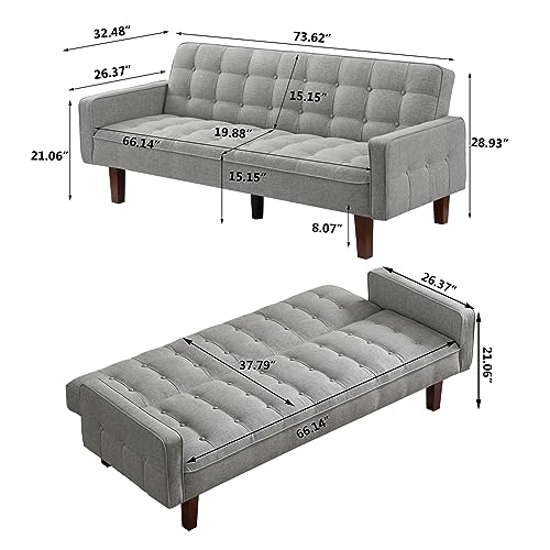 BIVVI Futon Sofa Bed Couch Linen Convertible Sleeper Sofa 73.62 Inch Long Folding Loveseat Couch w/Arms,Upholstered Lounge Sofá Daybed for Small Spaces Living Room, Apartment Office Dorm,Gray