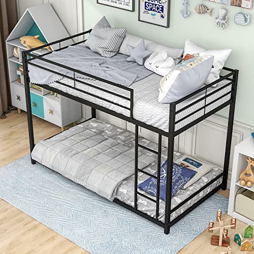 OPTOUGH Twin Over Twin Metal Bunk Bed Frame with Safety Guard Rails, Heavy Duty Space-Saving Design,Black