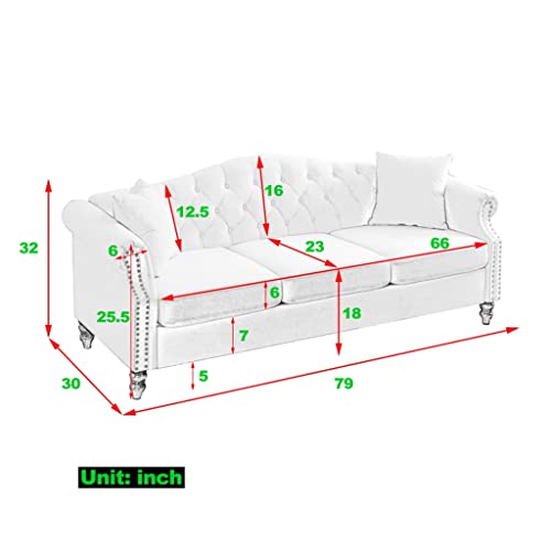 Sofas 79" Sofa White for Living Room, 3 Seater Sofa Tufted Couch with Rolled Arms and Nailhead Two Pillows