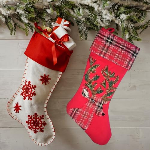 Deer Christmas Stockings for Rustic Cabin Camp Lodge Decor - 18" Embroidered Reindeer, Holiday Red Plaid