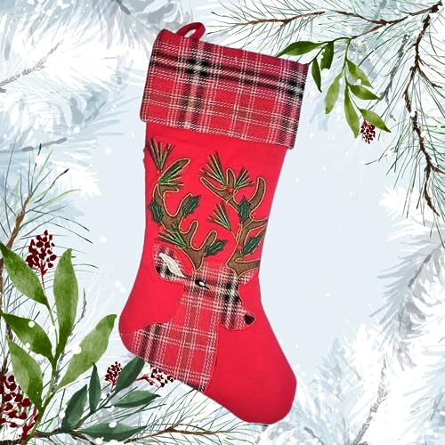 Deer Christmas Stockings for Rustic Cabin Camp Lodge Decor - 18" Embroidered Reindeer, Holiday Red Plaid