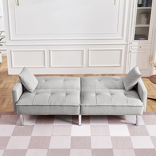 HomePop Upholstered Futon Bed with Chrome Legs, Modern Sofa Couches for Living Room, Small Spaces, Dorm, Apartment Sofabed, Standard, Light Grey