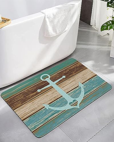 Gogobebe Super Absorbent Diatom Mud Mat Ocean Marine Theme Anchor on Turquoise Wooden Board Quick-Drying Thin Bath Mat Non-Slip Bathtub Mat Anti-Skid Rubber Bathroom Shower Mat 16x24in