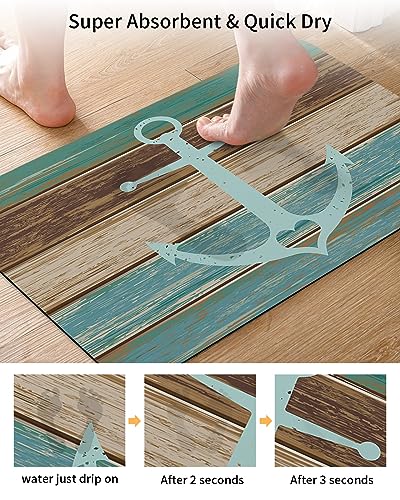 Gogobebe Super Absorbent Diatom Mud Mat Ocean Marine Theme Anchor on Turquoise Wooden Board Quick-Drying Thin Bath Mat Non-Slip Bathtub Mat Anti-Skid Rubber Bathroom Shower Mat 16x24in