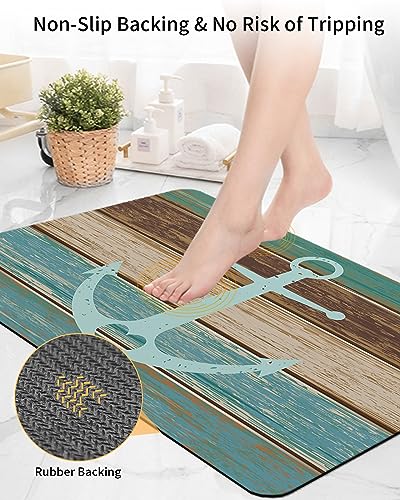 Gogobebe Super Absorbent Diatom Mud Mat Ocean Marine Theme Anchor on Turquoise Wooden Board Quick-Drying Thin Bath Mat Non-Slip Bathtub Mat Anti-Skid Rubber Bathroom Shower Mat 16x24in