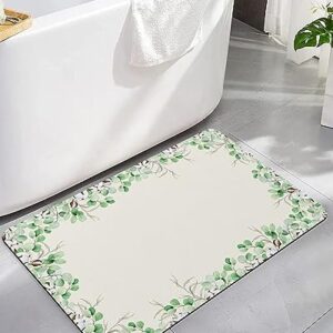 Gogobebe Super Absorbent Diatom Mud Mat Summer Eucalyptus Leaves Watercolor Retro Linen Quick-Drying Thin Bath Mat Non-Slip Bathtub Mat Anti-Skid Rubber Bathroom Shower Mat 16x24in